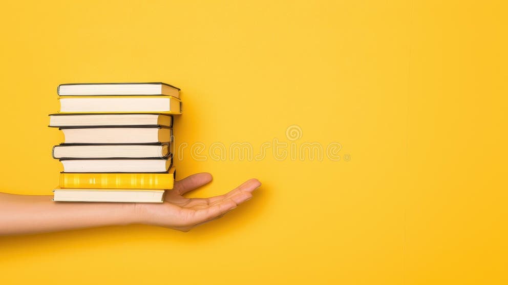 A Vibrant Banner Displaying a Hand Holding a Stack of Books on a Yellow ...