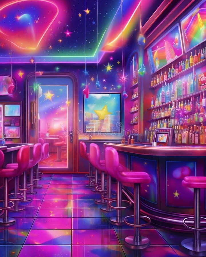 Vibrant Bar with a Cosmic Atmosphere Featuring an Illuminated Ceiling ...