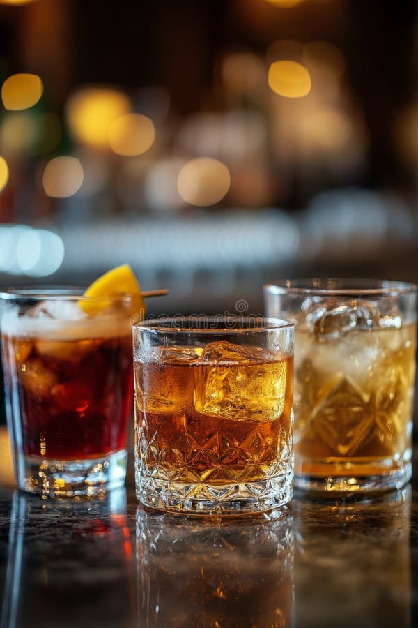 Assorted Whiskey Drinks Served at a Bar Counter with Various Glassware ...