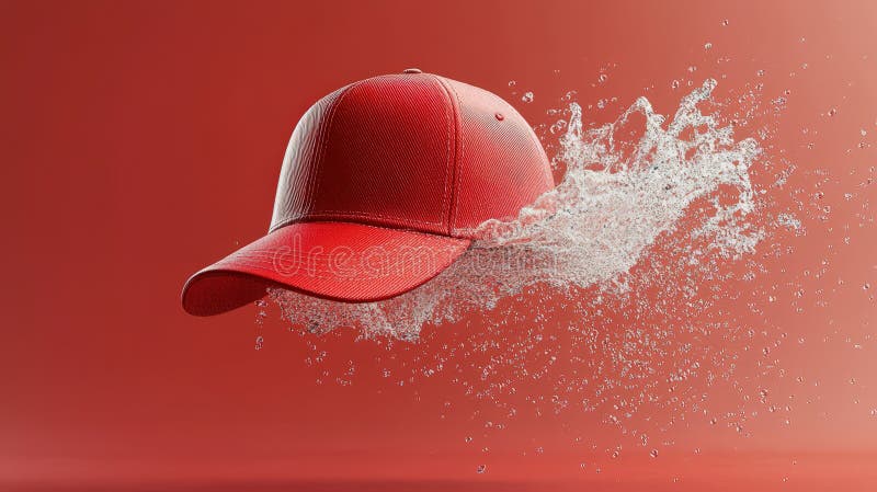 Vibrant Baseball Cap Splashing Water on Bold Red Background Creating a ...