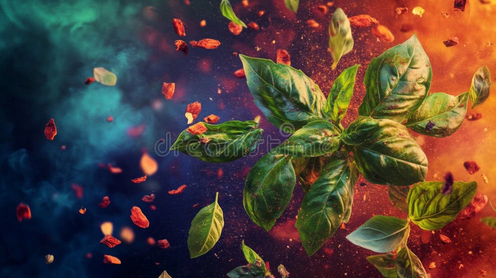 Vibrant Basil and Red Pepper Explosion with Blue and Red Smoke Stock ...