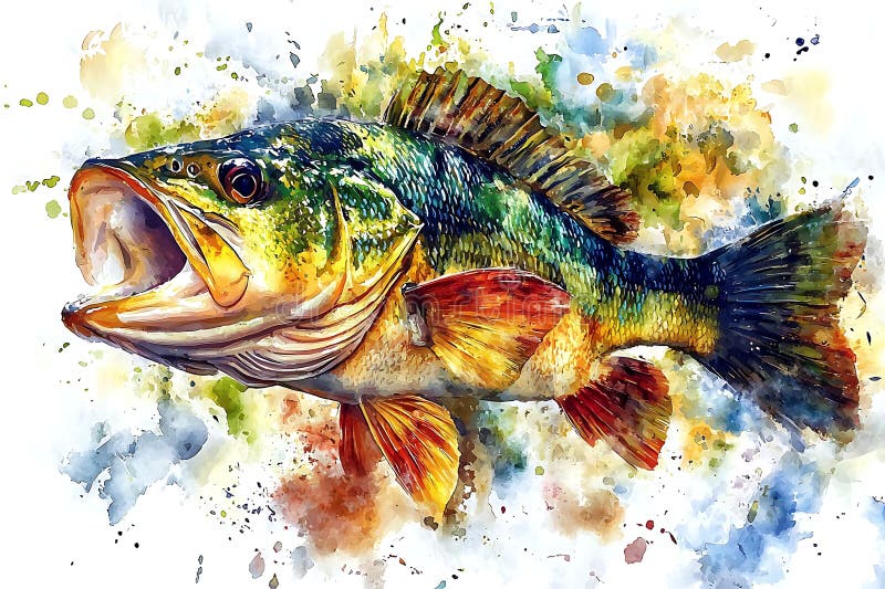 Vibrant Bass Fish Captured in Artistic Watercolor Splash Effect Stock ...