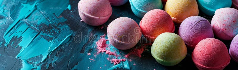 Vibrant Bath Bombs Banner, Multicolored Collection on Textured Dark ...
