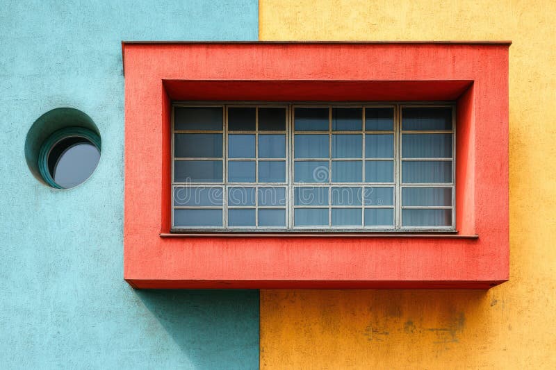 Vibrant Bauhaus Inspired Facade with Geometric Shapes, Featuring Red ...