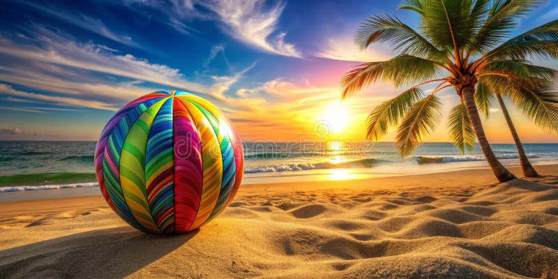 Vibrant Beach Ball at Sunset on Tropical Shore. Generative AI Stock ...