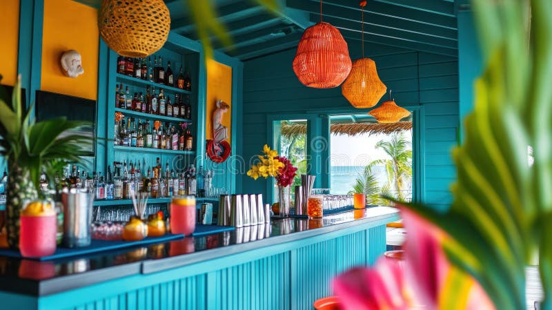 Vibrant Beach Bar with Teal Counter, Tropical Decor, and Ocean View ...