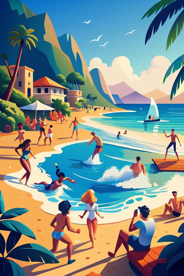 Vibrant Beach Day: Sun, Surfing, and Summer Fun Stock Image ...