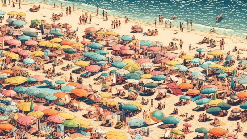 A Vibrant Beach Day with Sunbathers and Crowds. Perfect for Posters and ...