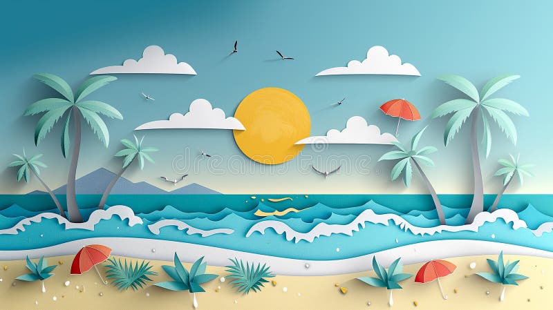 Vibrant Beach Landscape with Paper Craft Elements and Sunny Sky Stock ...