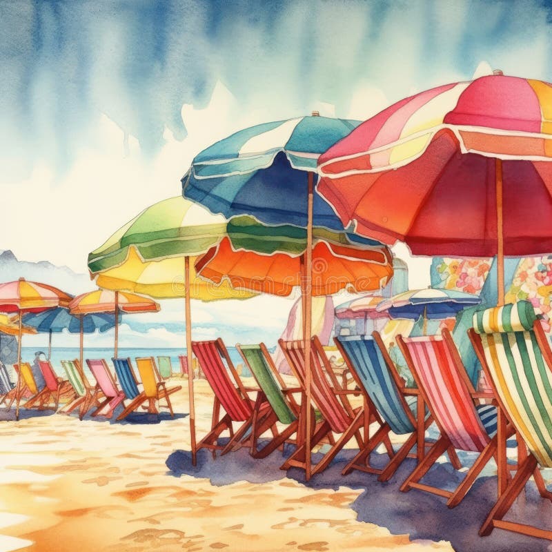 Vibrant Beach Scene with Colorful Umbrellas and Chairs . Stock ...