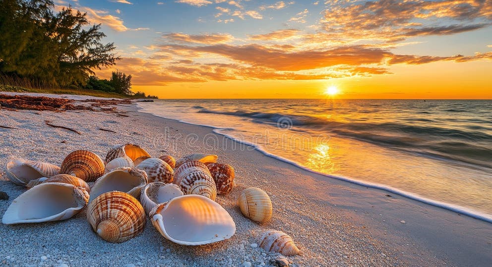 A Vibrant Beach Scene at Sunset Featuring Shells, Ocean Waves, and Palm ...