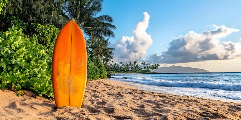 Vibrant Beach Scene with Surfboard and Ocean Waves Stock Illustration ...