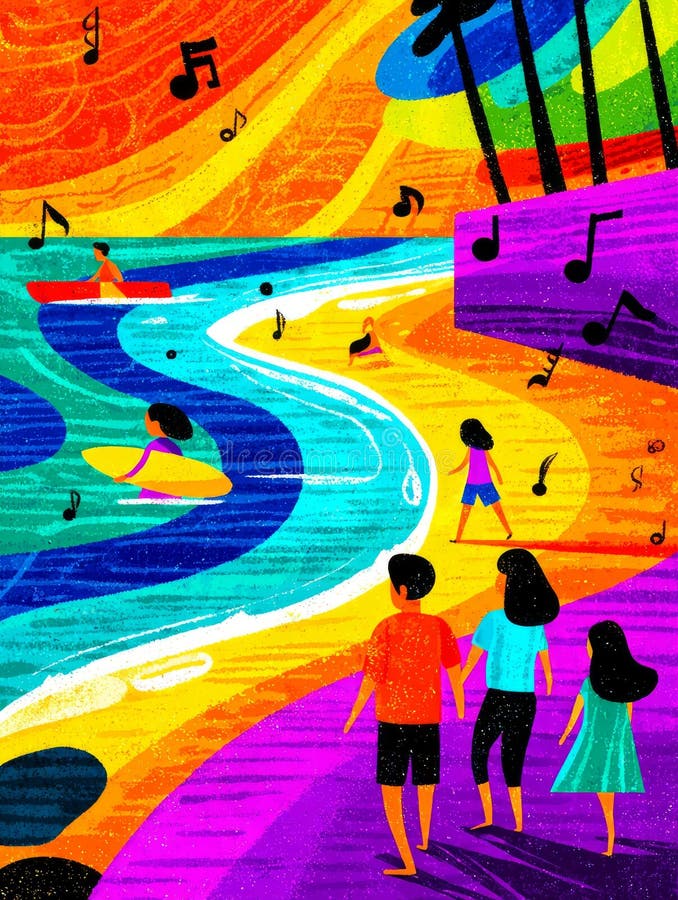 Vibrant Beach Scene with Surfers and Musical Notes Stock Illustration ...