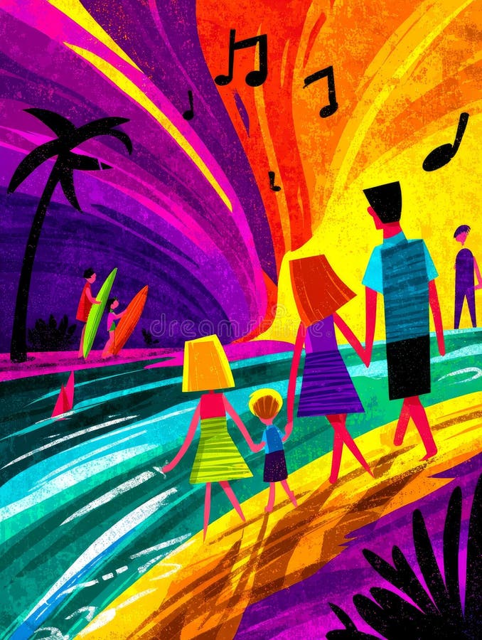 Vibrant Beach Scene with Surfers and Musical Notes Stock Illustration ...