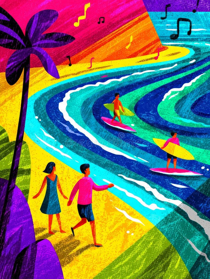 Vibrant Beach Scene with Surfers and Musical Notes Stock Illustration ...