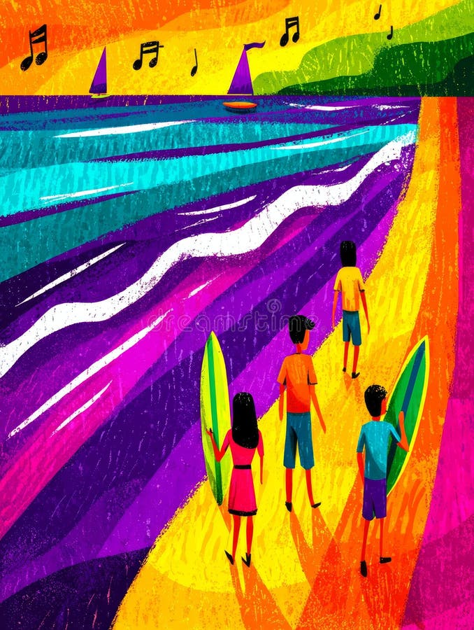Vibrant Beach Scene with Surfers and Musical Notes Stock Illustration ...