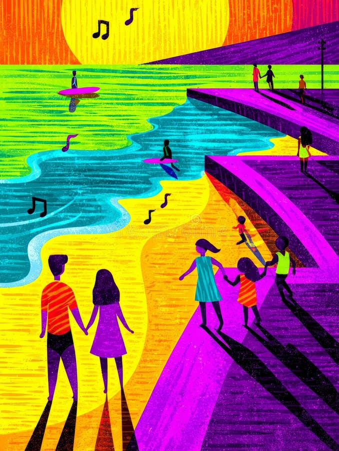 Vibrant Beach Scene with Surfers and Musical Notes Stock Illustration ...