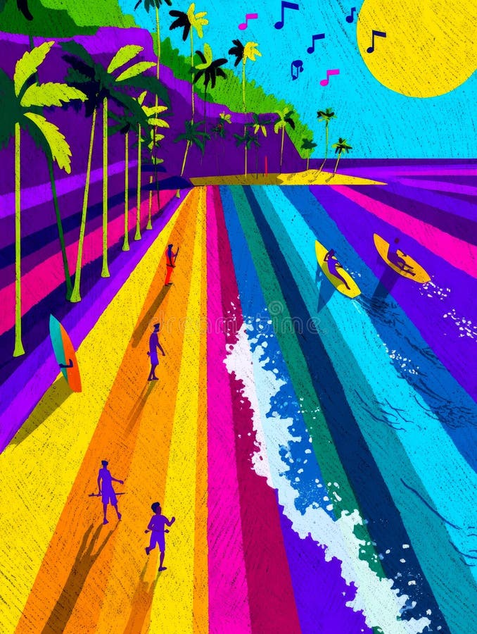 Vibrant Beach Scene with Surfers and Musical Notes Stock Illustration ...