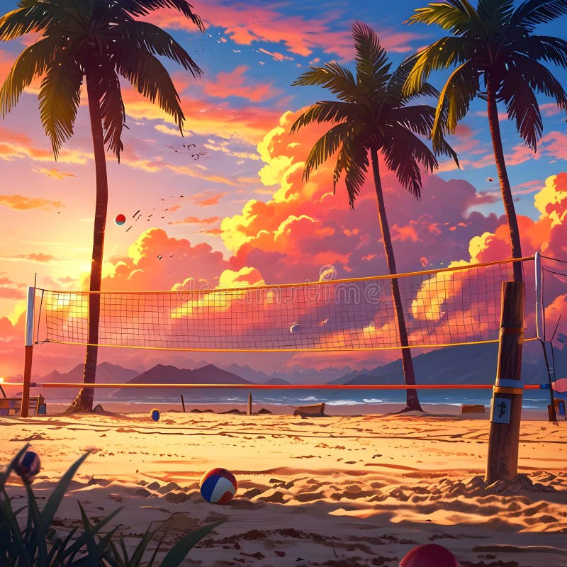 Vibrant Beach Volleyball Court at Sunset Stock Illustration ...