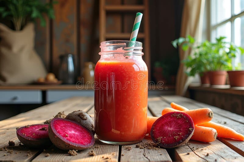 Vibrant Beet Carrot Juice Jar Rustic Table Stock Photos - Free ...