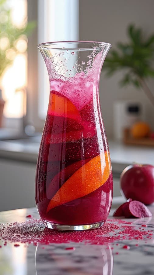 Vibrant Beet and Citrus Infusion in Glass Pitcher on Marble Surface ...