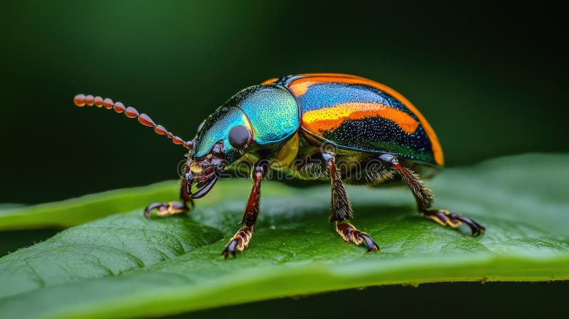 Vibrant Beetle Crawling on a Green Leaf with Shiny Shell Stock ...