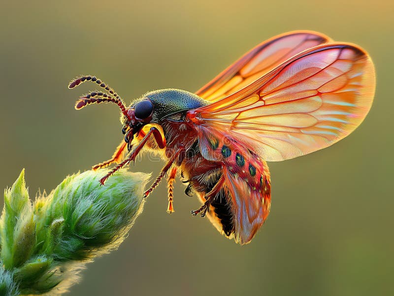 Vibrant Beetle with Glowing Wings at Sunset Close-up Stock Illustration ...