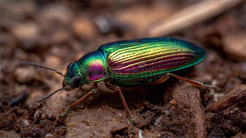 A Vibrant Beetle Moves Over Earthy Substrate, Showcasing Its Striking ...