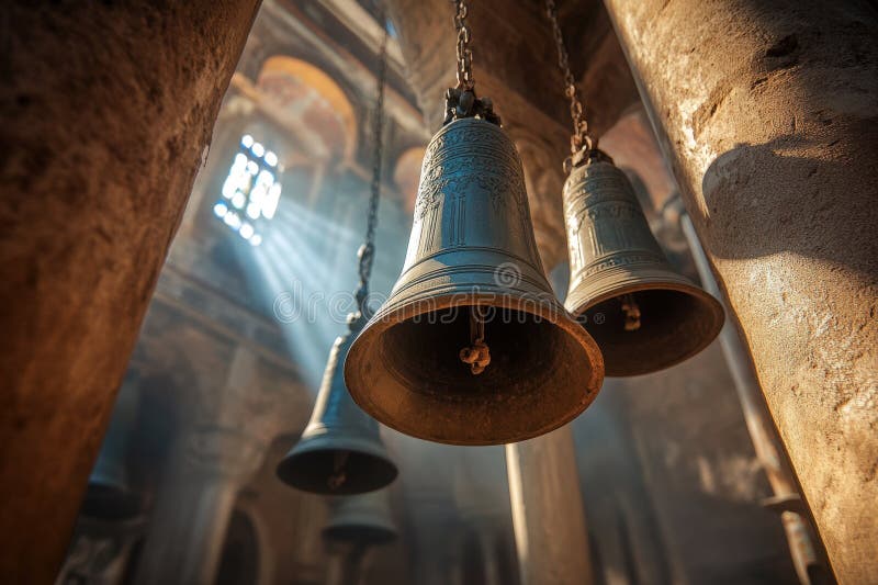Vibrant Bell Chiming in Sunlit Ancient Temple Setting Stock Image ...