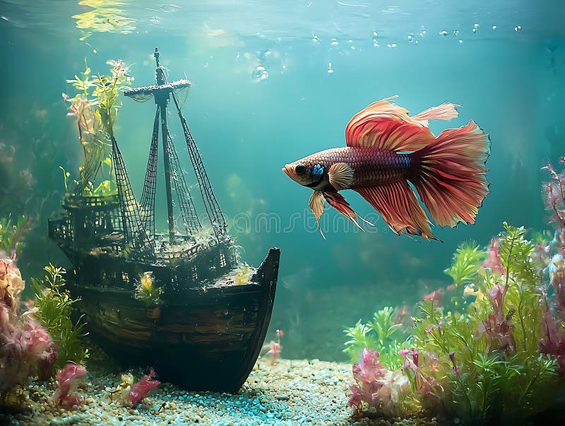 A Vibrant Betta Fish Swims Past a Sunken Ship in an Aquarium Stock ...