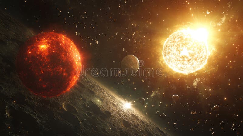 A Vibrant Binary Star System with a Red and White Sun Amidst Planets ...