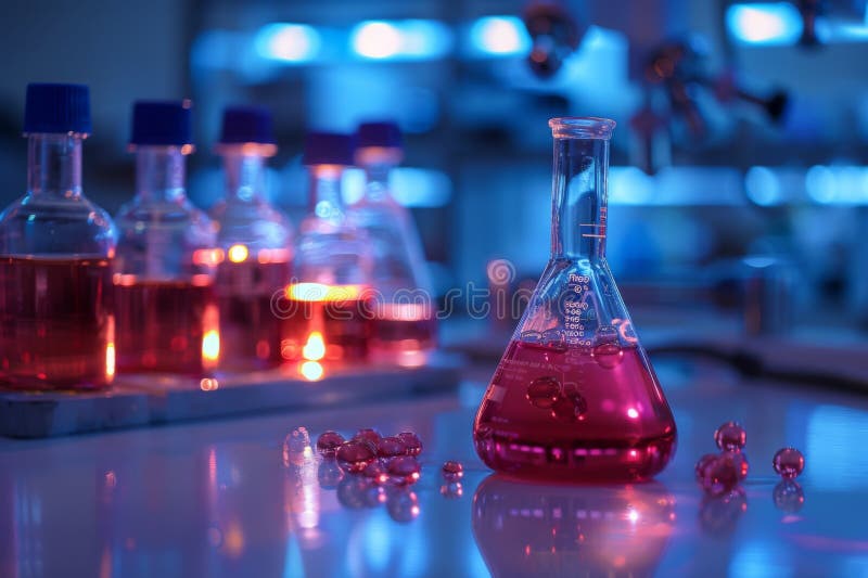 Vibrant Biochemistry Laboratory Setup with a Glowing Pink Solution in a ...