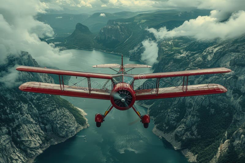 A Vibrant Biplane Soars through Dramatic Mountains and Clouds Over a ...