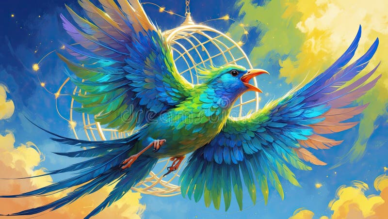 Vibrant Bird Escaping Cage Symbolizing Freedom and New Beginnings Stock ...