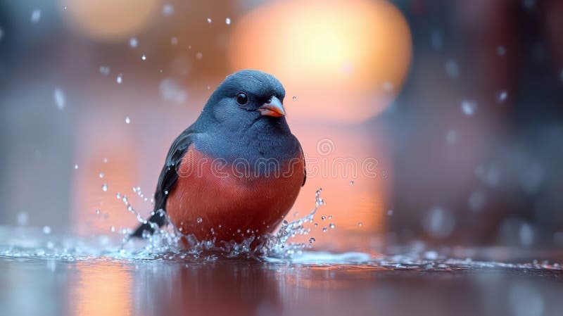 A Small Bird Splashes Joyfully in a Shimmering Puddle at Dusk, AI Stock ...