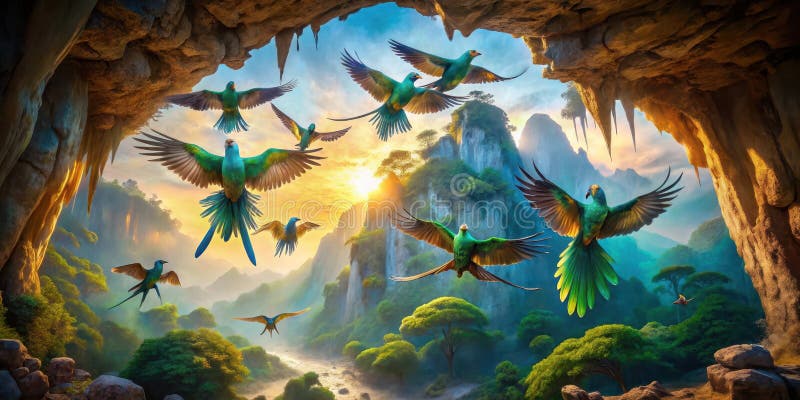 Vibrant Birds in Flight Soaring through a Mystical Cave Opening Onto a ...