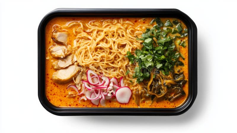 Vibrant Black Rectangular Container with Delicious Noodle Dish Stock ...