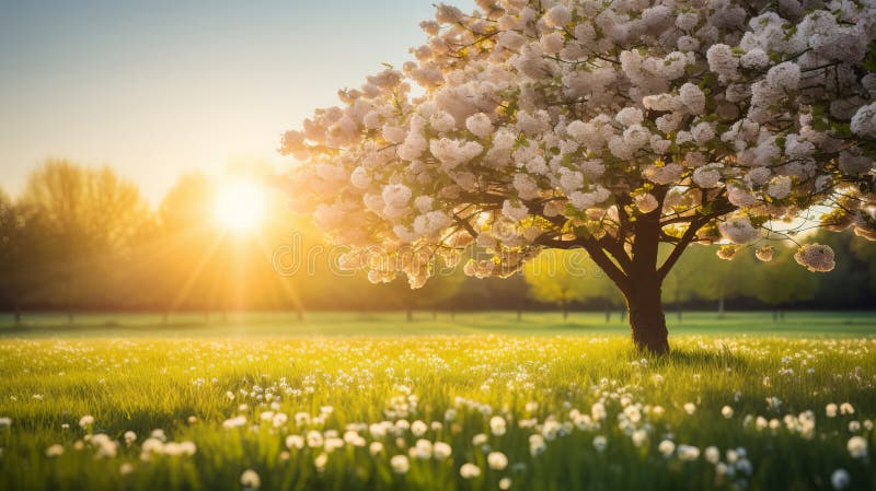 Vibrant Blooming Tree in Green Meadow with Radiant Easter Sunrise ...