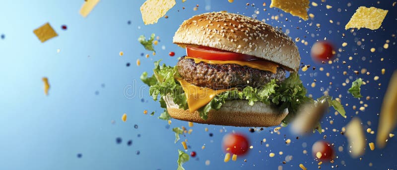 A Vibrant Blue Background with a Classic Cheeseburger Exploding into ...