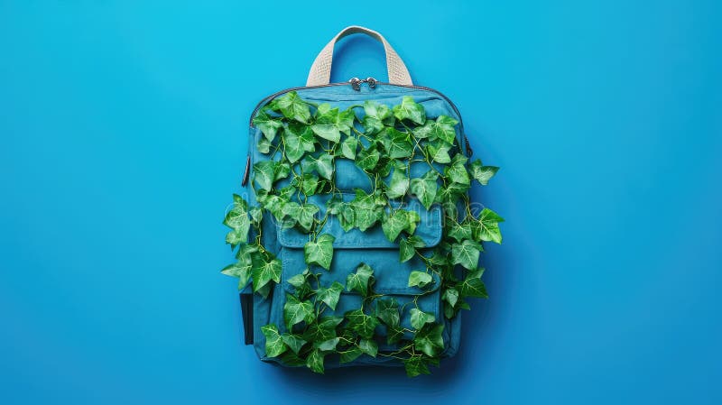 Vibrant Blue Backpack Adorned with Green Plants and Climbing Ivy ...