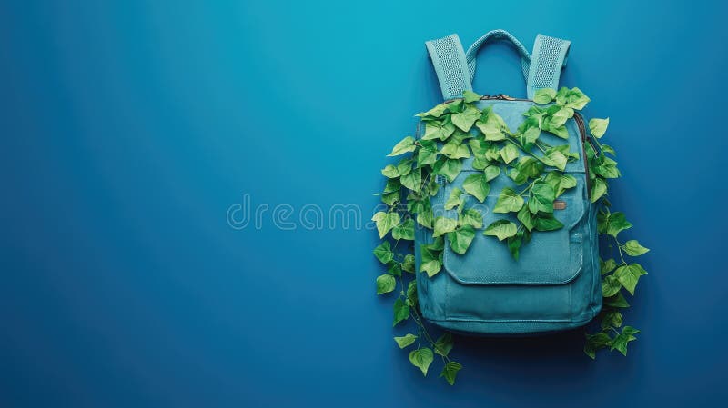 Vibrant Blue Backpack Adorned with Green Plants and Climbing Ivy ...