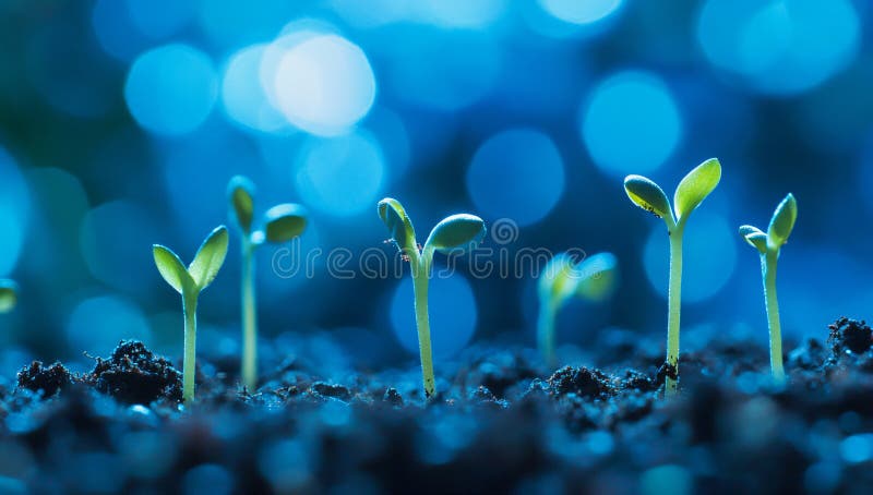 Vibrant Blue Bokeh Background Tiny Seedlings High Quality Image Stock ...