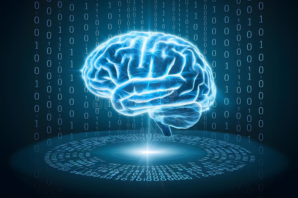 Vibrant Blue Brain Surrounded by Binary Code on Circular Platform with Soft Glow Stock ...