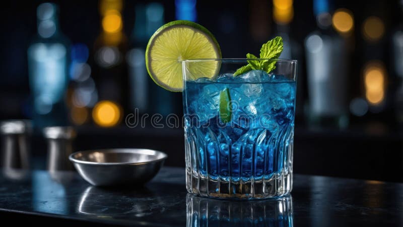 A Vibrant Blue Cocktail Garnished with Lime and Mint, Served in a ...