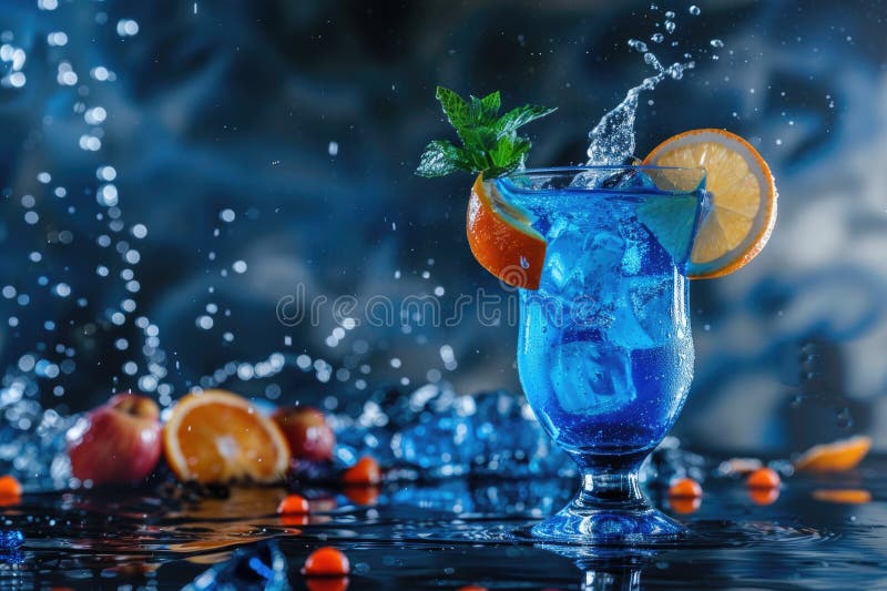 Vibrant Blue Cocktail Splash with Citrus Garnish in Bar Setting Stock ...