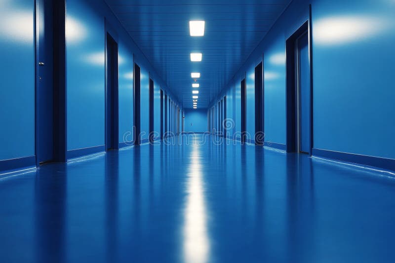Vibrant Blue Corridor with Illuminated Ceiling Lights and Closed Doors ...