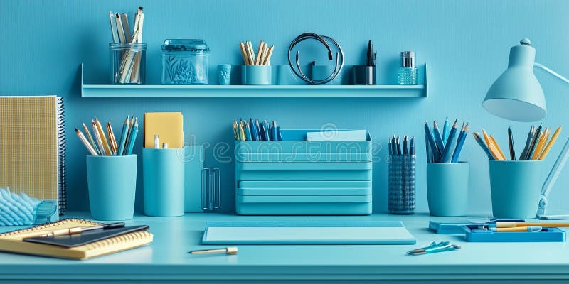 Vibrant Blue Desktop Setup Featuring Stationery, Decor, and ...