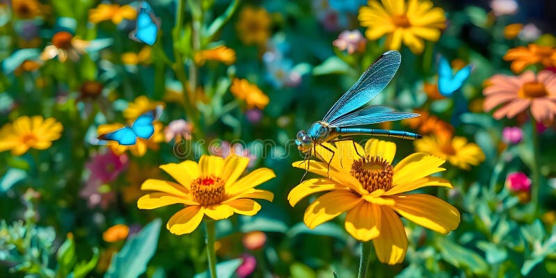 Vibrant Blue Dragonfly on Blooming Yellow Daisy Flower Stock ...