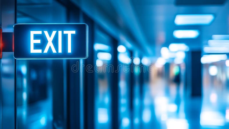 Vibrant Blue Exit Sign Illuminates an Evacuation Route in a Blurred ...