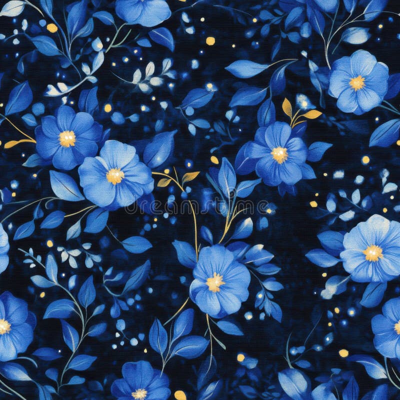 Vibrant Blue Floral Pattern with Leaves on Dark Background. Stock Image ...